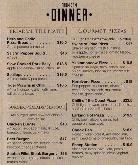 Menu at Lark cafe, Main Beach