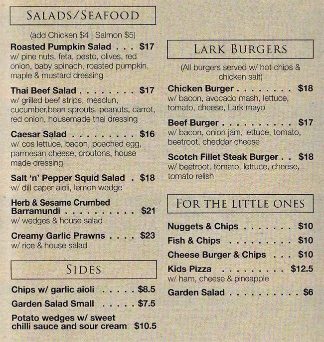 Menu at Lark cafe, Main Beach