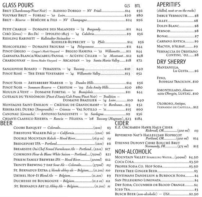 Menu at Le Pigeon restaurant, Portland