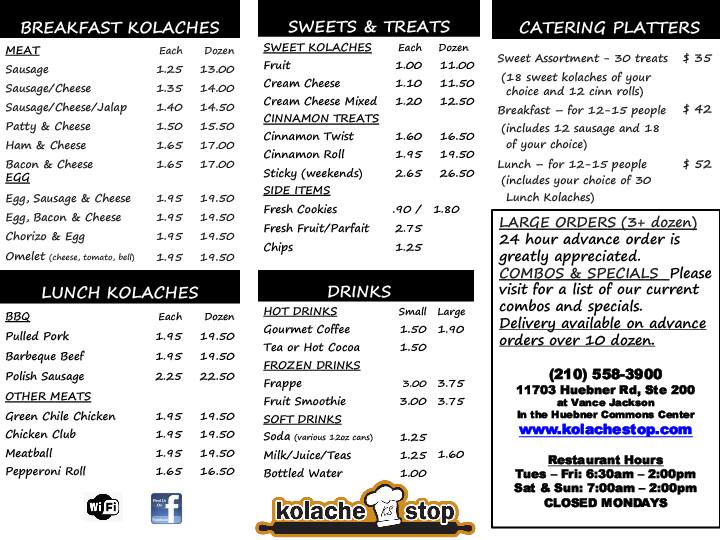 Menu at Kolache Stop cafe, San Antonio, Huebner Rd #200