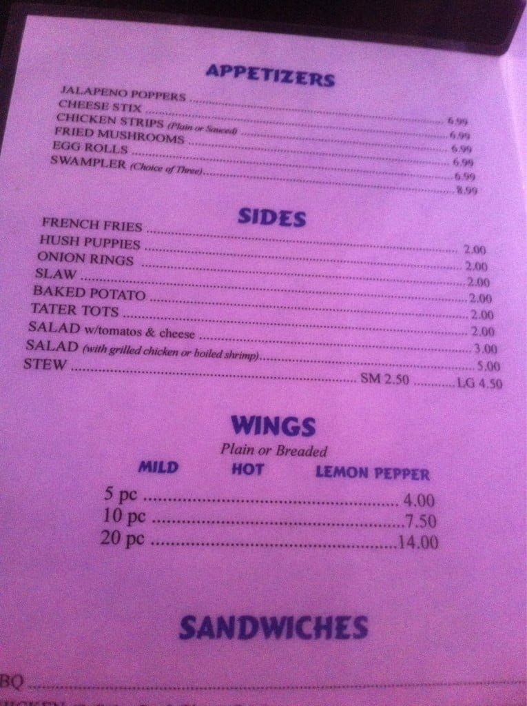 Menu at Swamp Guinea Restaurant, Hartwell