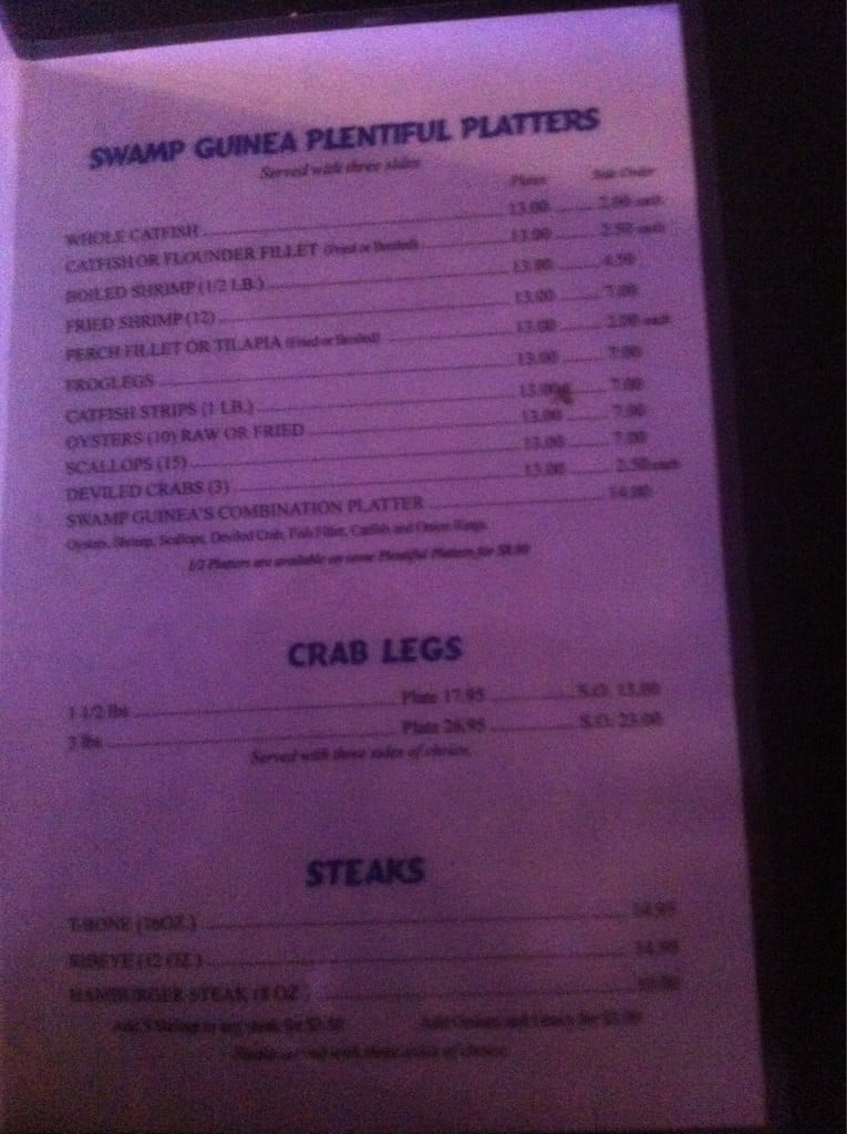 Menu at Swamp Guinea Restaurant, Hartwell