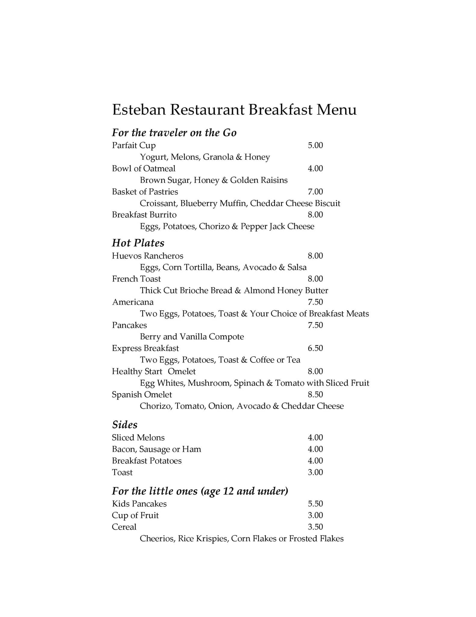 Menu at Estéban Restaurant, Local's Favorite, Open for Indoor & Patio ...