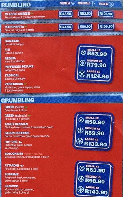 Menu at Roman's Pizza pizzeria, Nelspruit, 28 Piet Retief St