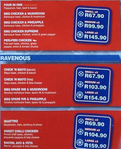 Menu at Roman's Pizza pizzeria, Nelspruit, 28 Piet Retief St