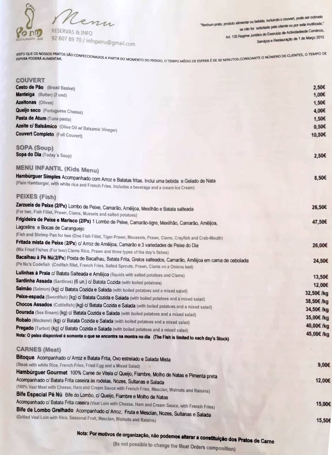 Menu at Pé Nu restaurant, Costa da Caparica