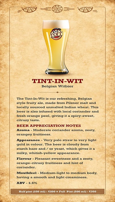 Menu of Toit, Lower Parel, Mumbai