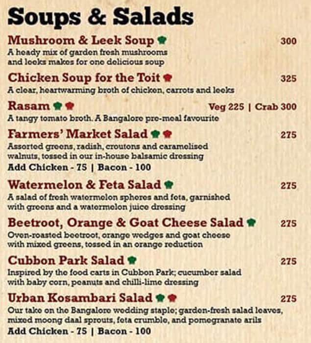 Menu of Toit, Lower Parel, Mumbai