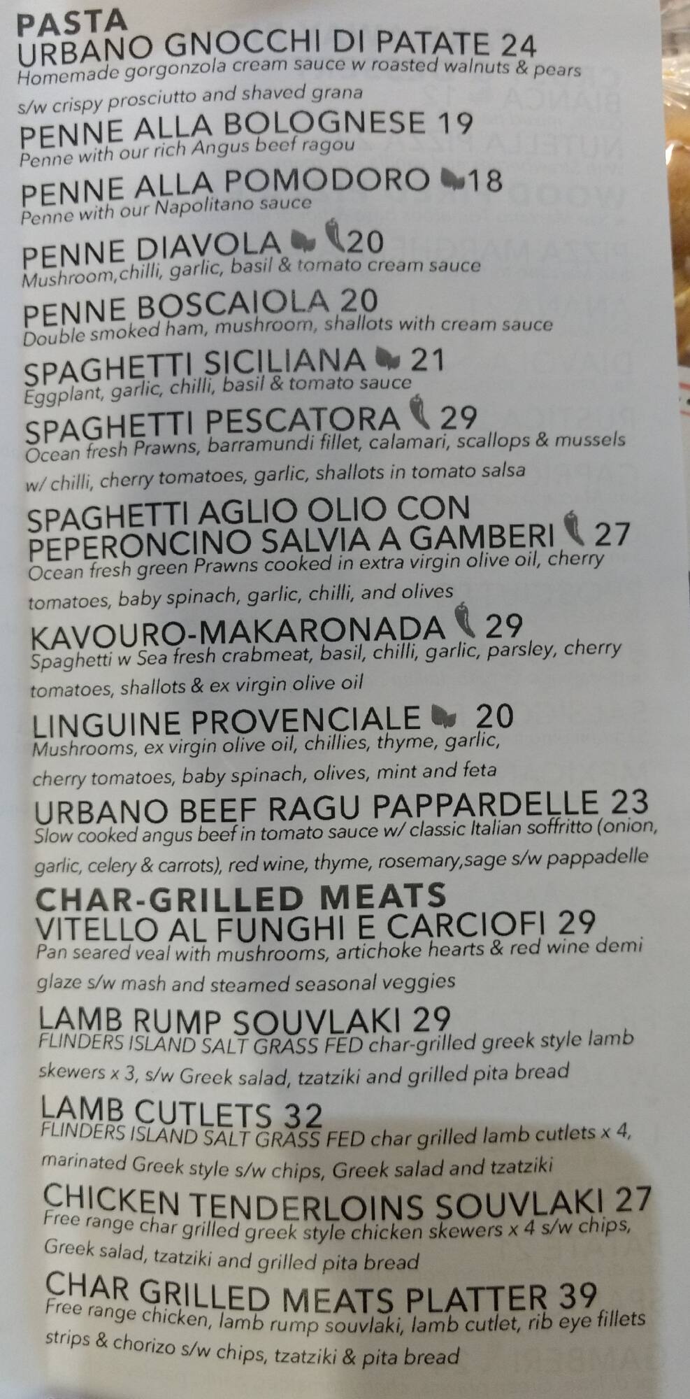 Menu at Urbano cafe, Homebush