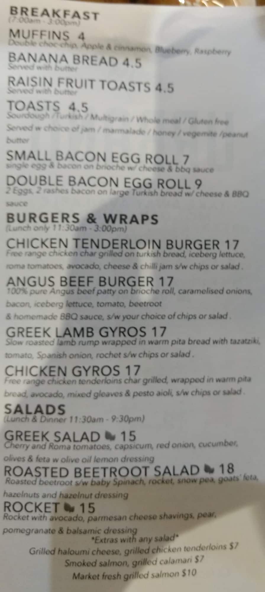 Menu at Urbano cafe, Homebush