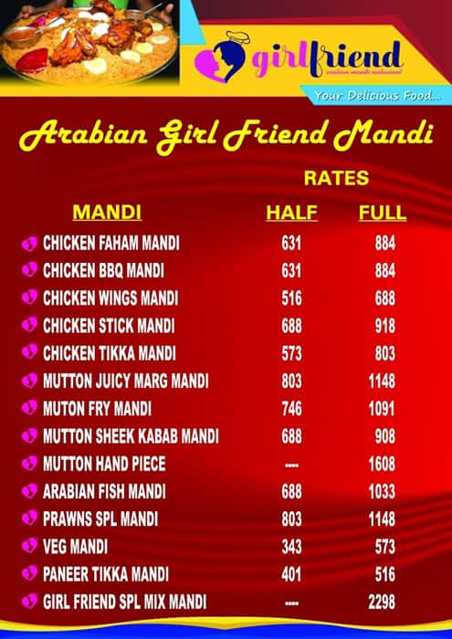 Menu at Girlfriend Mandi, Hyderabad, H no 1