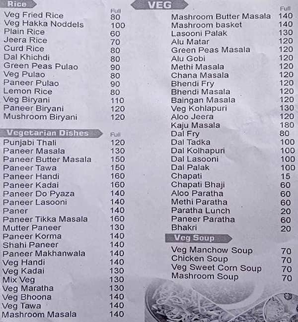 Menu of Hotel Sai, Talawade, Pune