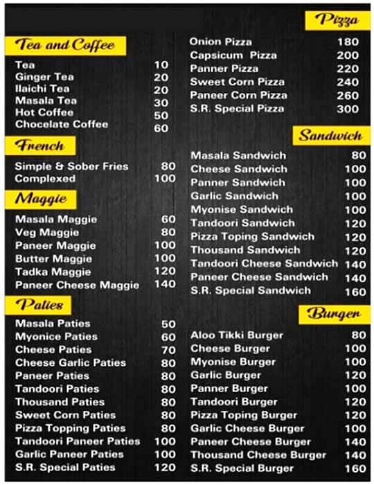 Menu at SR Cafe Kota, Kota