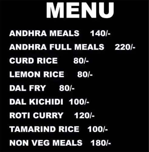 Menu of Andhra Mess, KR Puram, Bangalore