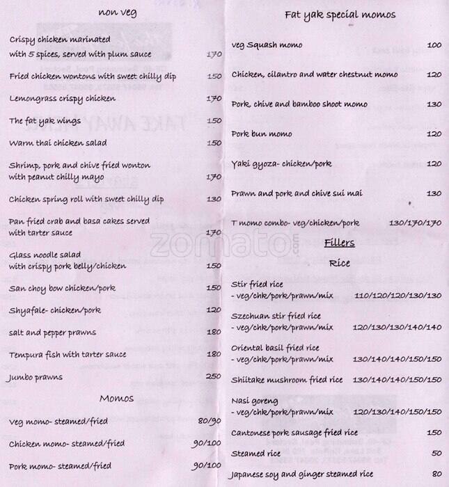 Menu at The Fat Yak, Kolkata, CF 40