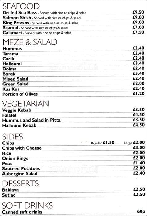 Menu at Yasar's Kitchen steakhouse, London