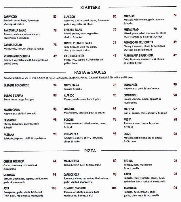 Menu at Asta Italian Restaurant, Stellenbosch