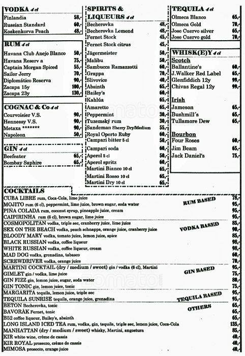 Menu at Pink Floyd Café cafe, Prague