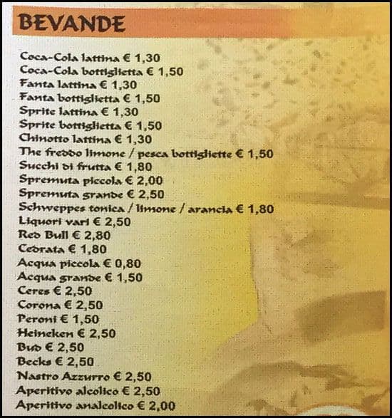 Menu at Caffe Il Sogno cafe, Rome
