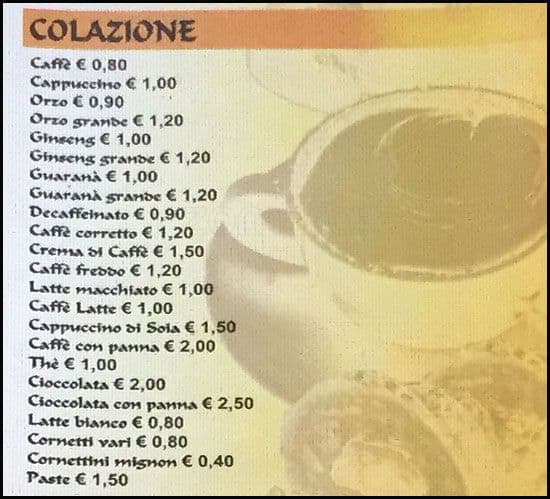 Menu at Caffe Il Sogno cafe, Rome