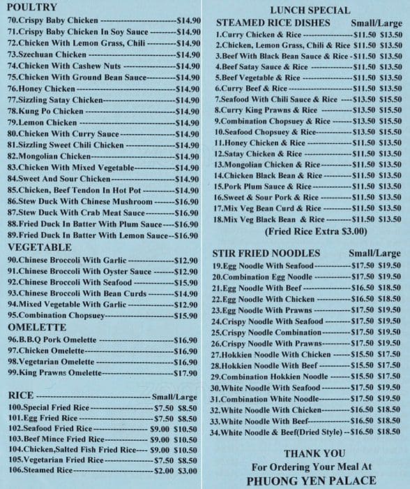Menu at Phuong Yen Restaurant, Croydon Park