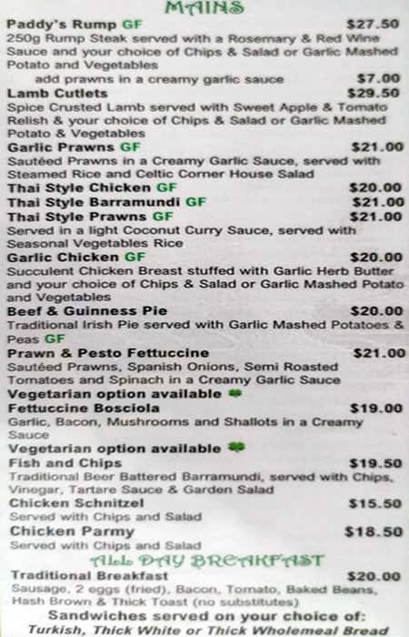 Menu at Celtic Corner Bar & Bistro, Manly