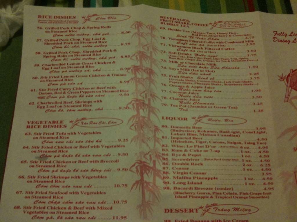 Menu at Pho 501 restaurant, Calgary
