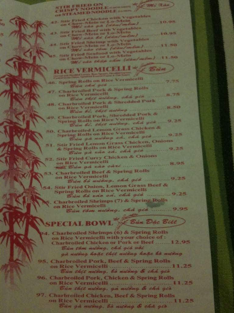 Menu at Pho 501 restaurant, Calgary