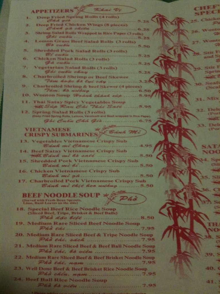 Menu at Pho 501 restaurant, Calgary
