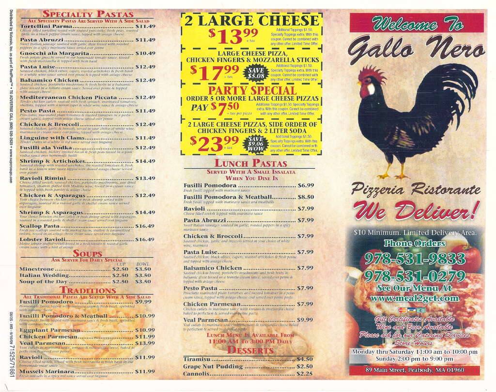 Menu at Gallo Nero pizzeria, Peabody