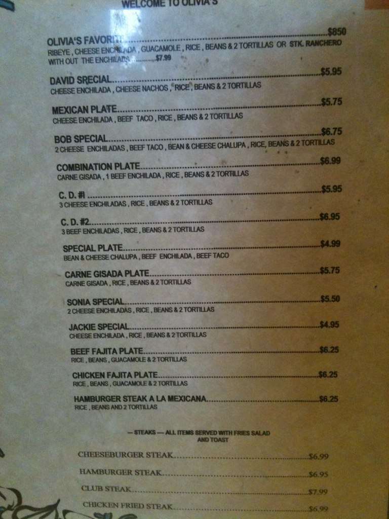 Menu at Olivia's Restaurant, Hondo, 20th St