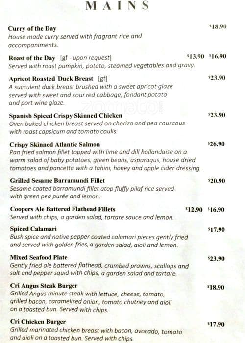 Menu at Criterion Tavern restaurant, Gawler