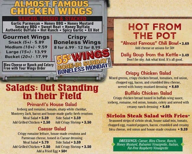 Menu at Primanti Bros pub & bar, Dickson City