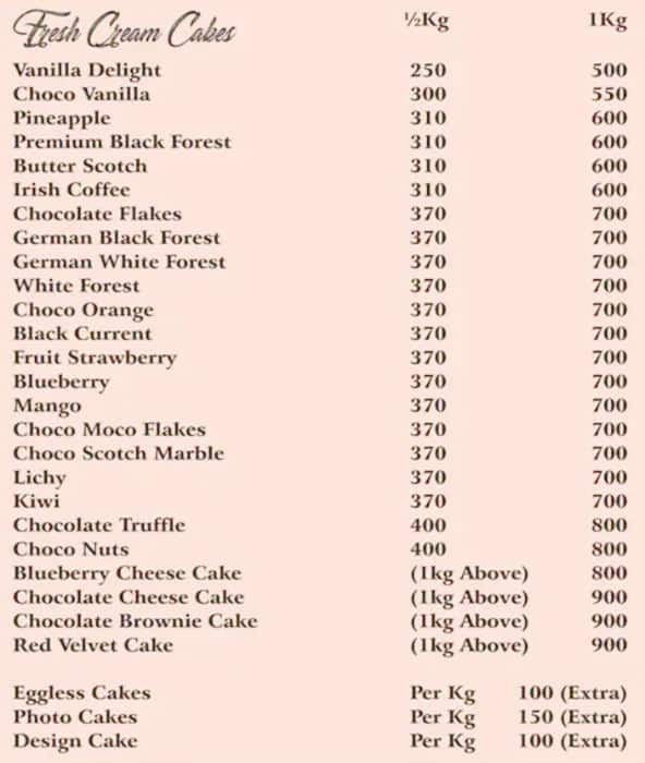 Menu of The Chocolate Cake Factory Ambattur Chennai