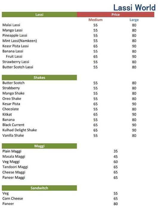 Menu of Lassi World, Civil Lines, New Delhi