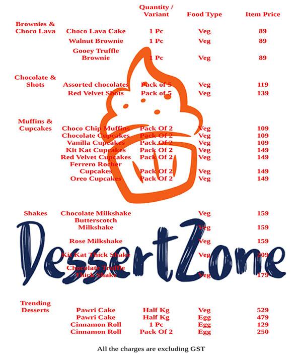 Menu of The Dessert Zone, Vijay Nagar, Mysore