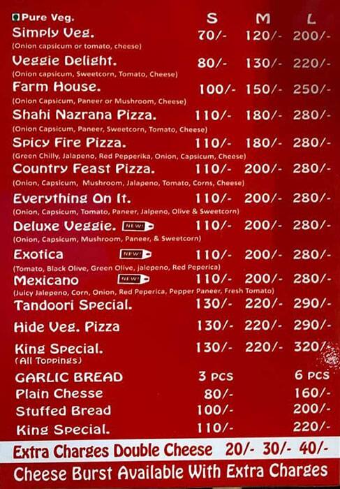 Menu of The Royal Pizzeria, Model Town 3, New Delhi
