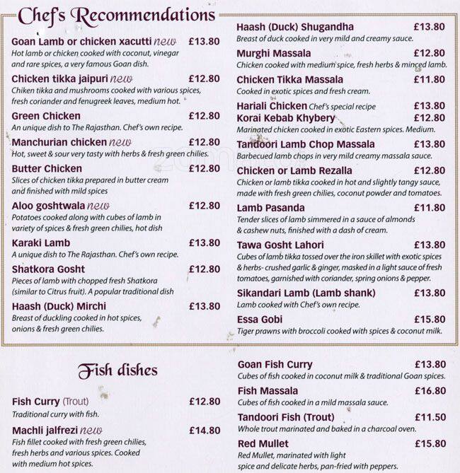 Menu at The Rajasthan II @ India Street restaurant, London