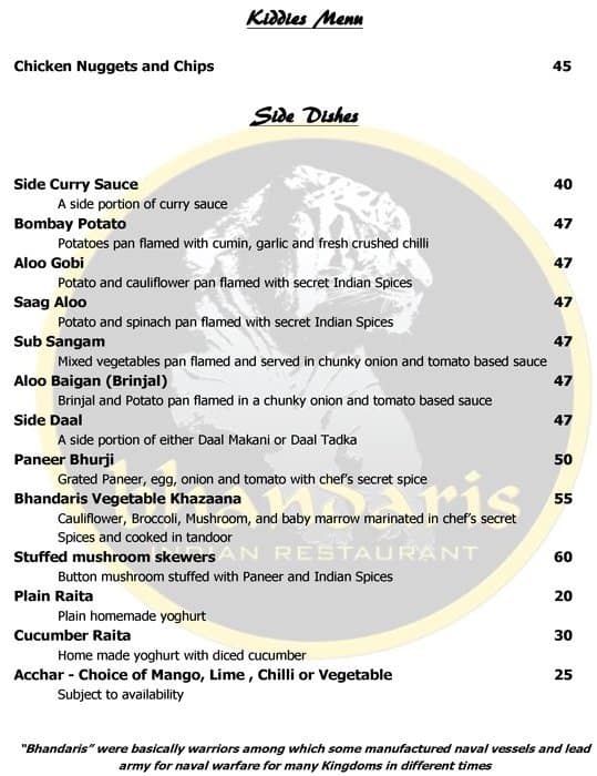 Menu at Bhandaris Indian Restaurant Fish Hoek, Cape Town, 144 Main Rd