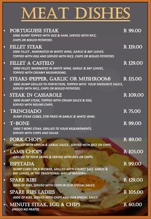 Menu at Castelo restaurant, Johannesburg