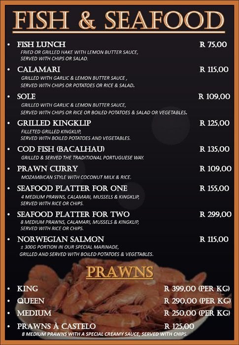 Menu at Castelo restaurant, Johannesburg