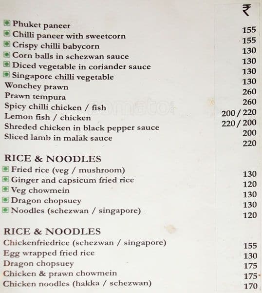 Menu at Banjara, Chennai