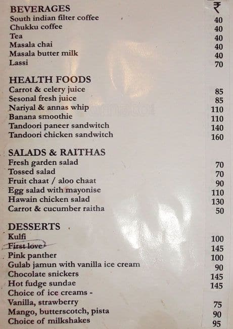 Menu at Banjara, Chennai