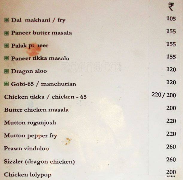 Menu at Banjara, Chennai