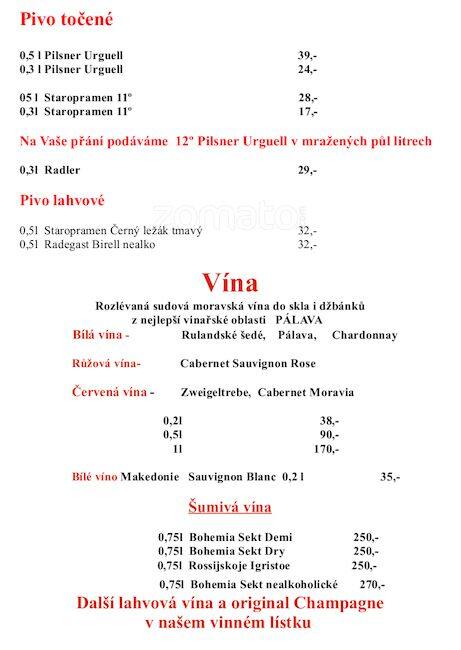 Menu at Restaurace Sissi restaurant, Prague