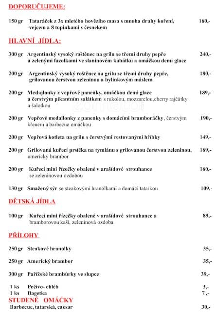 Menu at Restaurace Sissi restaurant, Prague