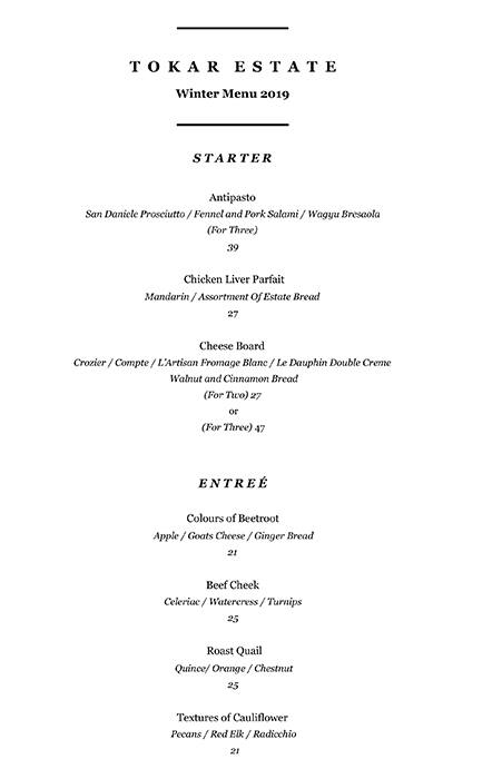 Menu at Tokar Estate restaurant, Coldstream