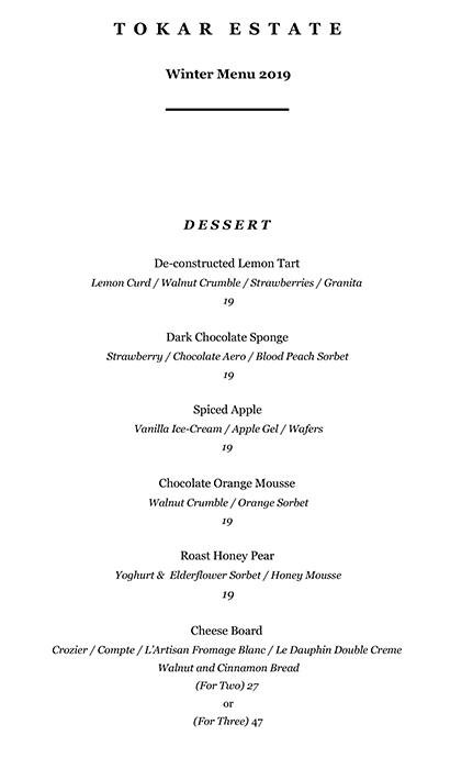 Menu at Tokar Estate restaurant, Coldstream