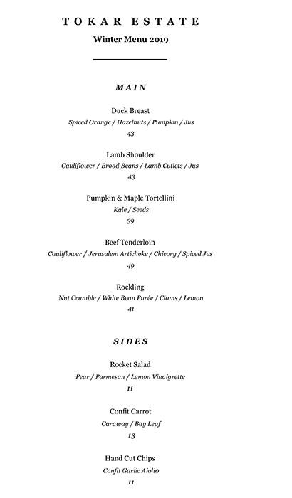 Menu at Tokar Estate restaurant, Coldstream