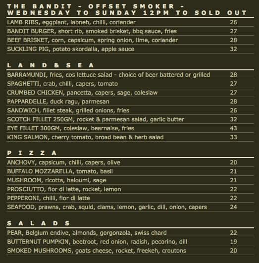 Menu at The Brisbane Hotel restaurant, Highgate